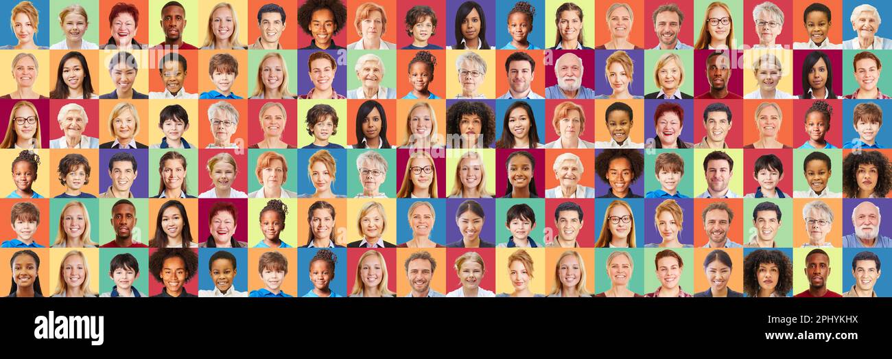 Children and adults of many generations in front of a colorful ...