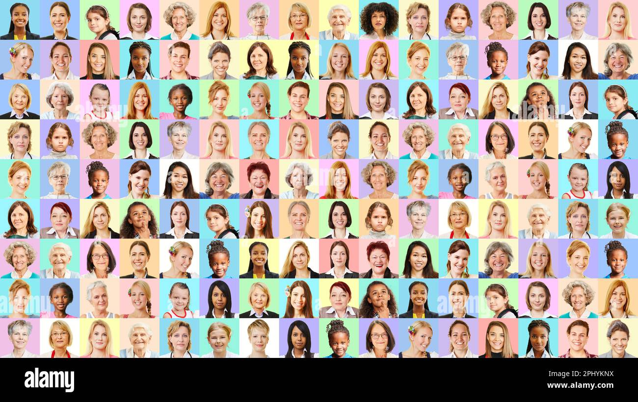 Panoramic portrait collage of women of many generations in front of ...