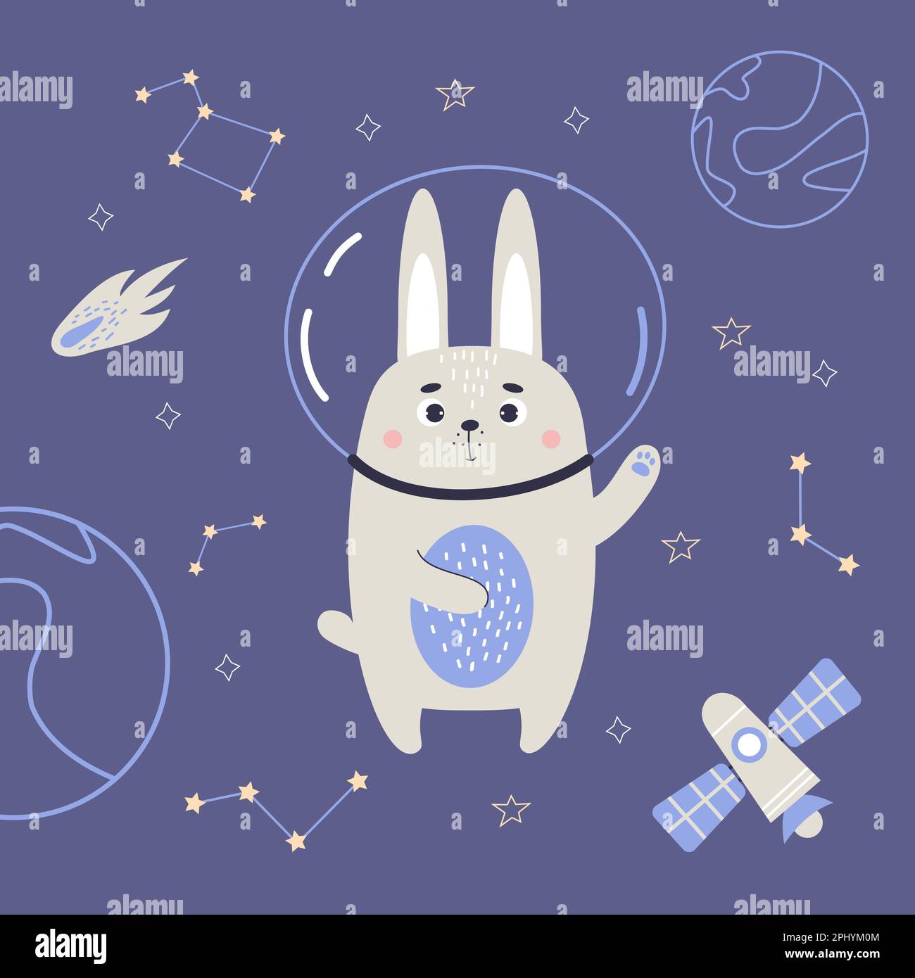 Cute astronaut rabbit in space on blue background with spaceship, stars, planets and meteorite ...