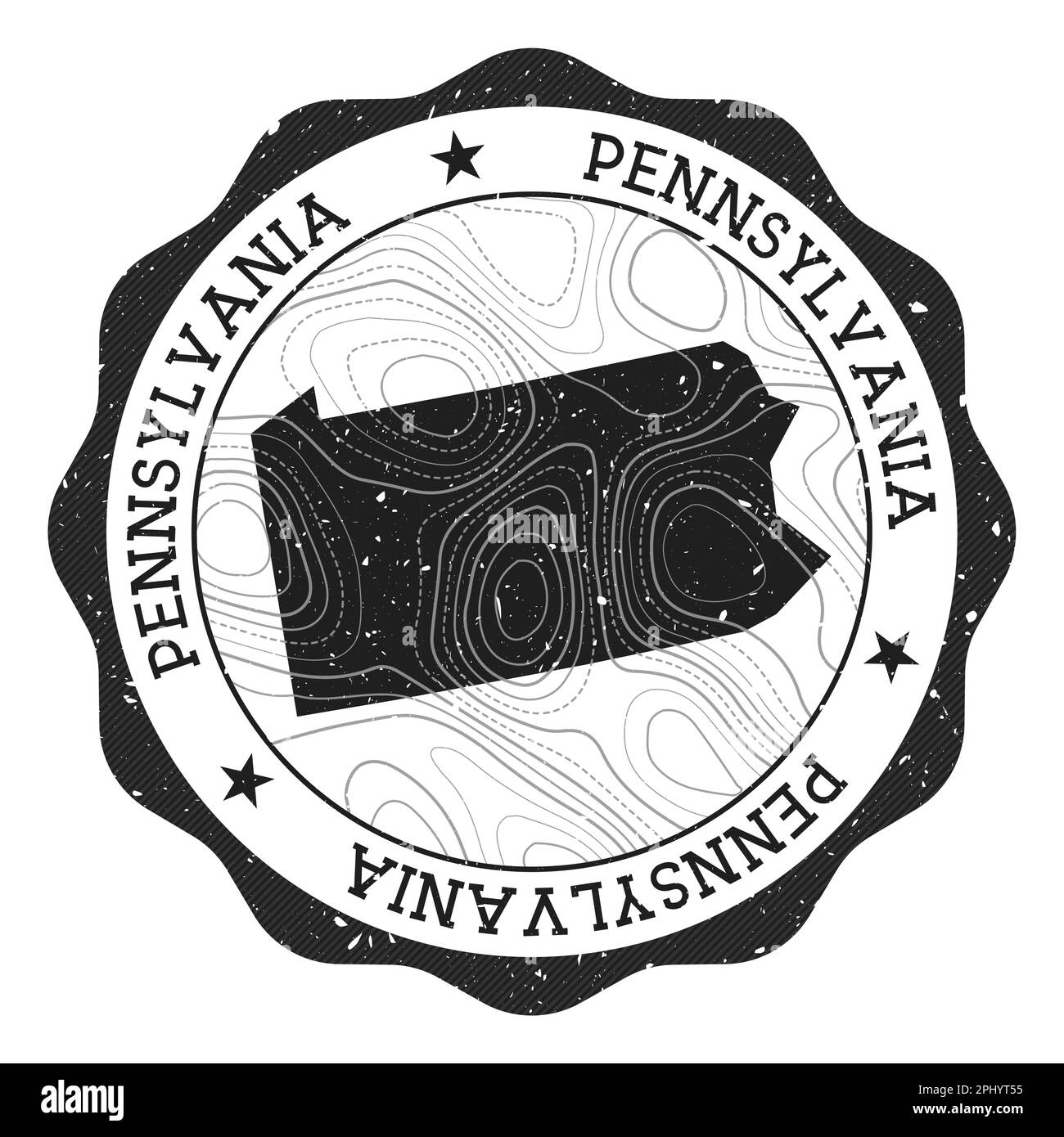 Pennsylvania outdoor stamp. Round sticker with map of US state with ...