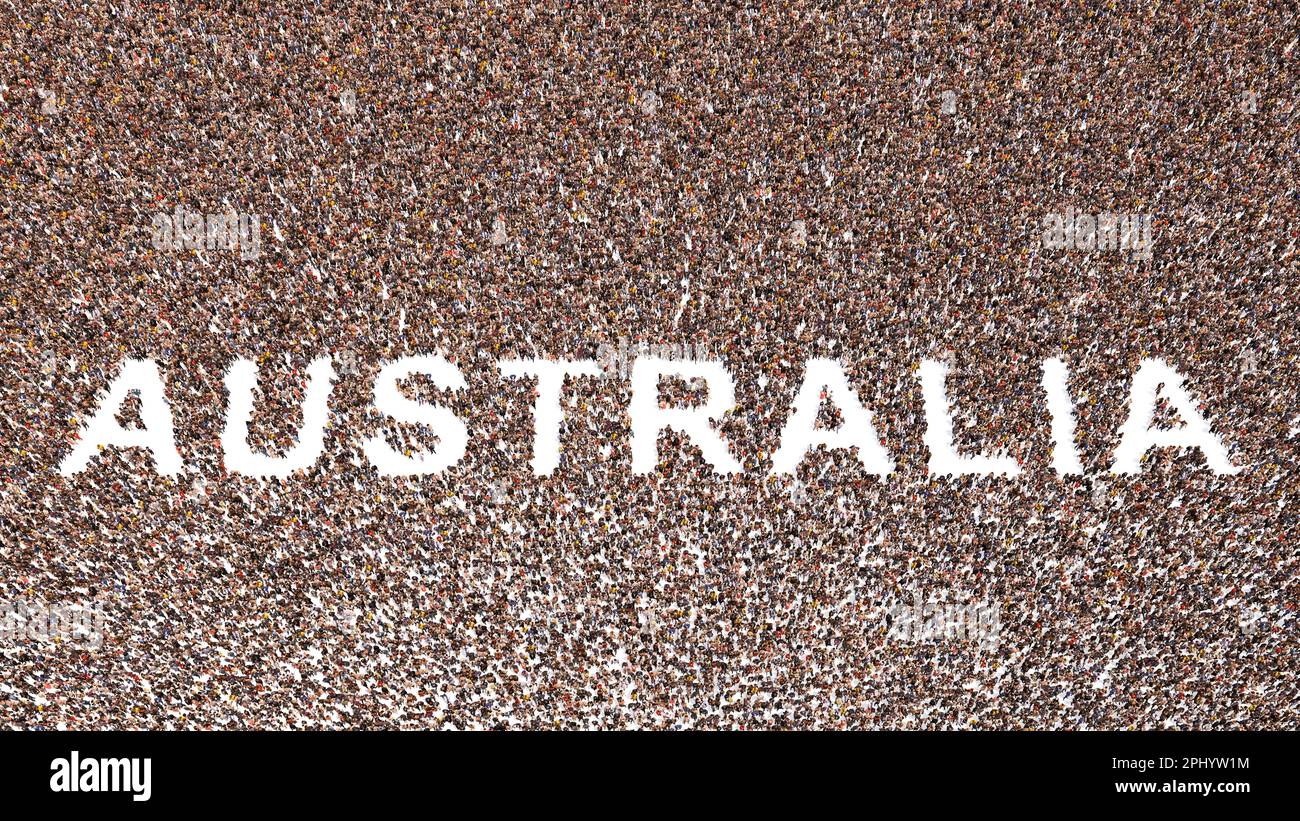 Conceptual large community of people forming the word AUSTRALIA. 3d ...