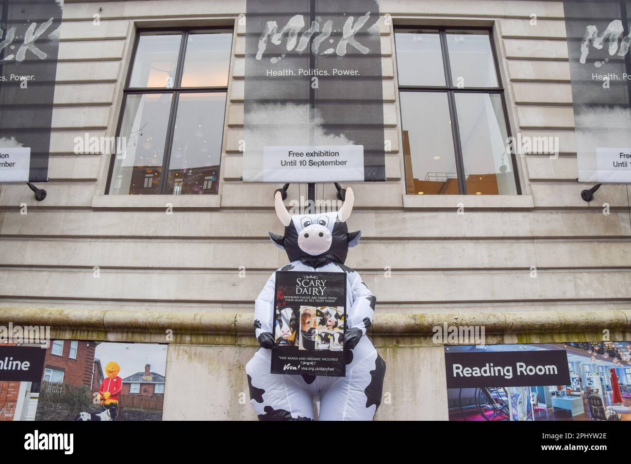 London, UK. 29th Mar, 2023. A protester wearing a cow costume holds an ...