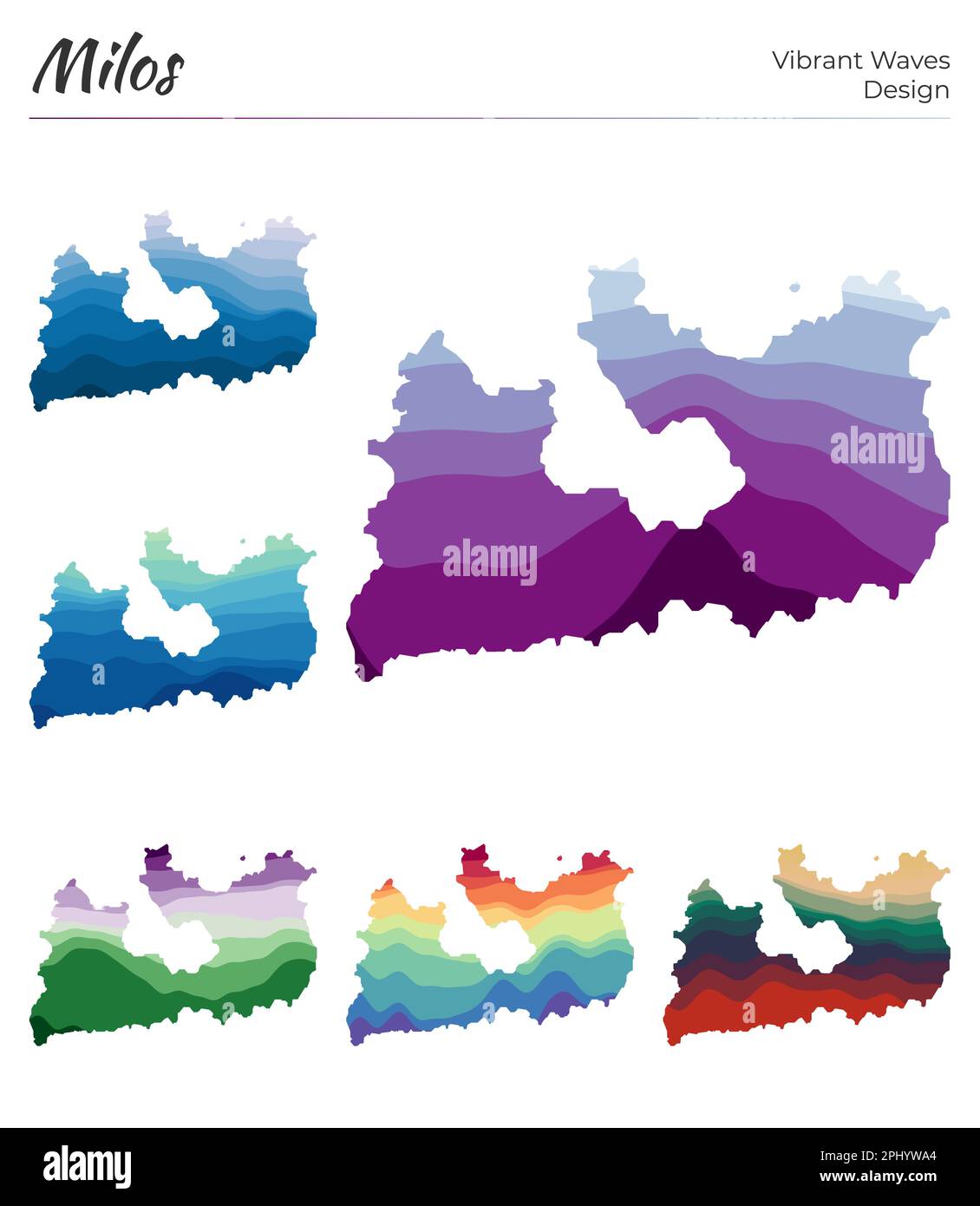 Set of vector maps of Milos. Vibrant waves design. Bright map of island ...