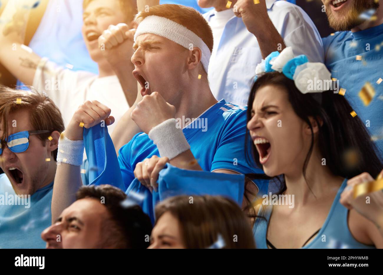 Happy and excited people, sport fans emotionally cheering up favourite ...