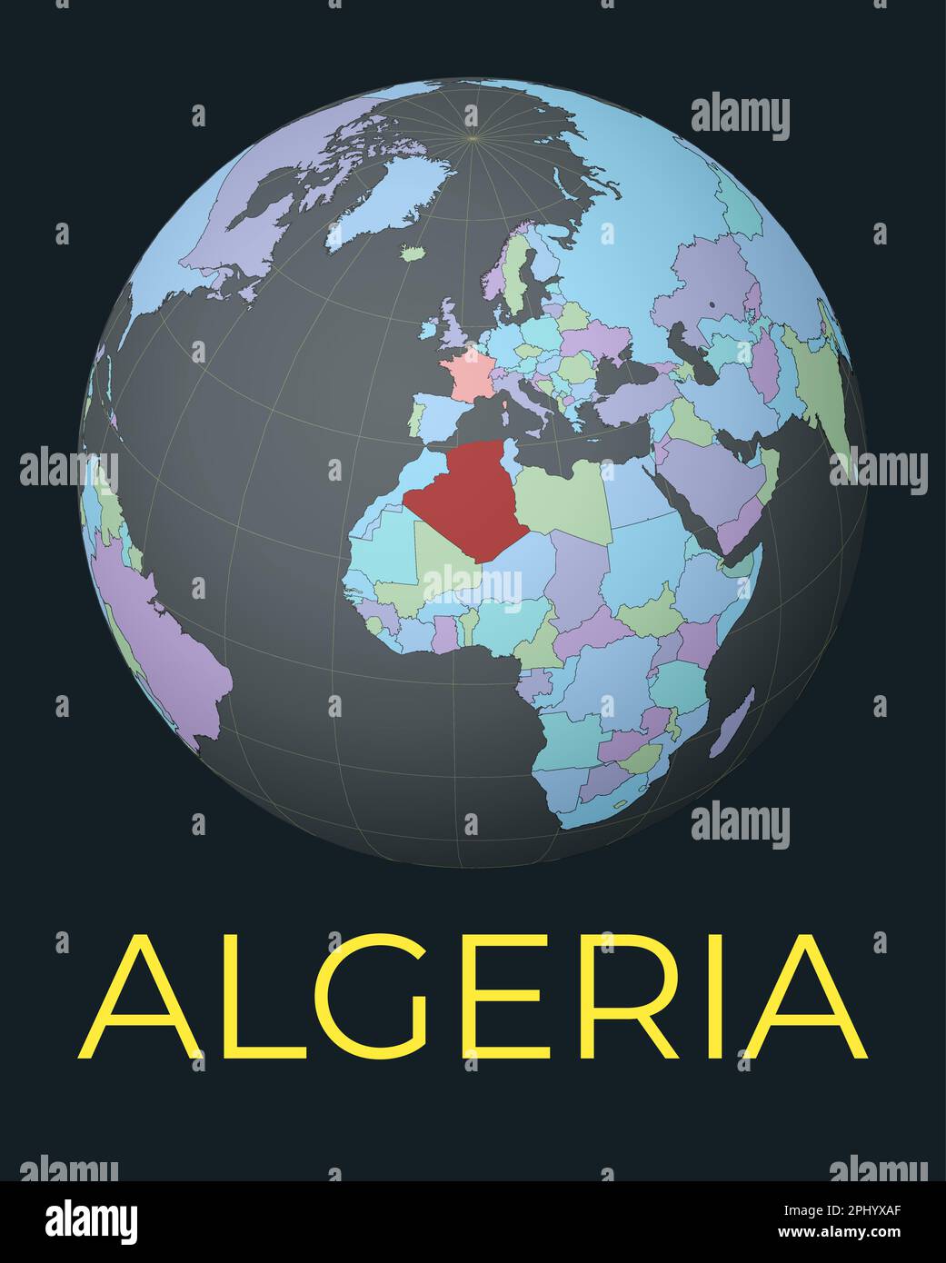 World map centered on Algeria. Red country highlighted. Satellite world ...