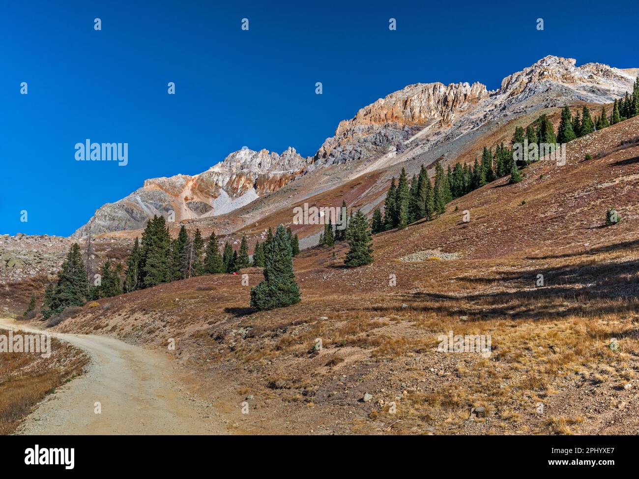 Ophir Pass Road, Lookout Peak on left, unnamed peaks, near Ophir Pass ...