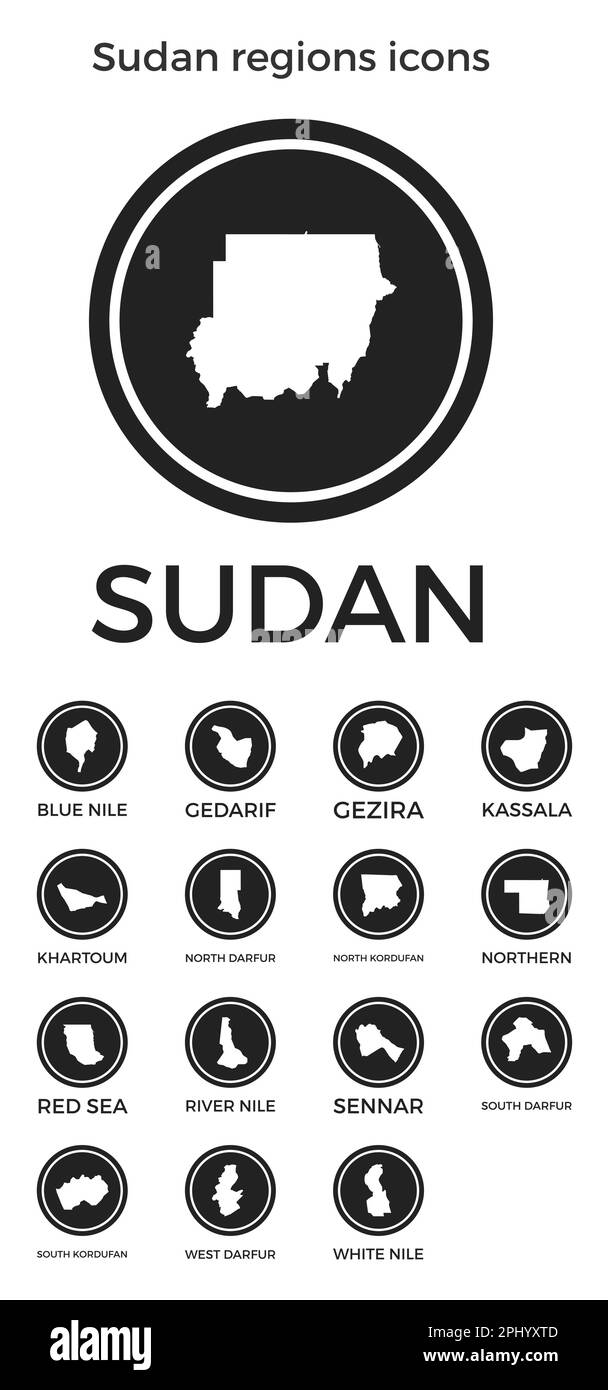 Sudan regions icons. Black round logos with country regions maps and ...