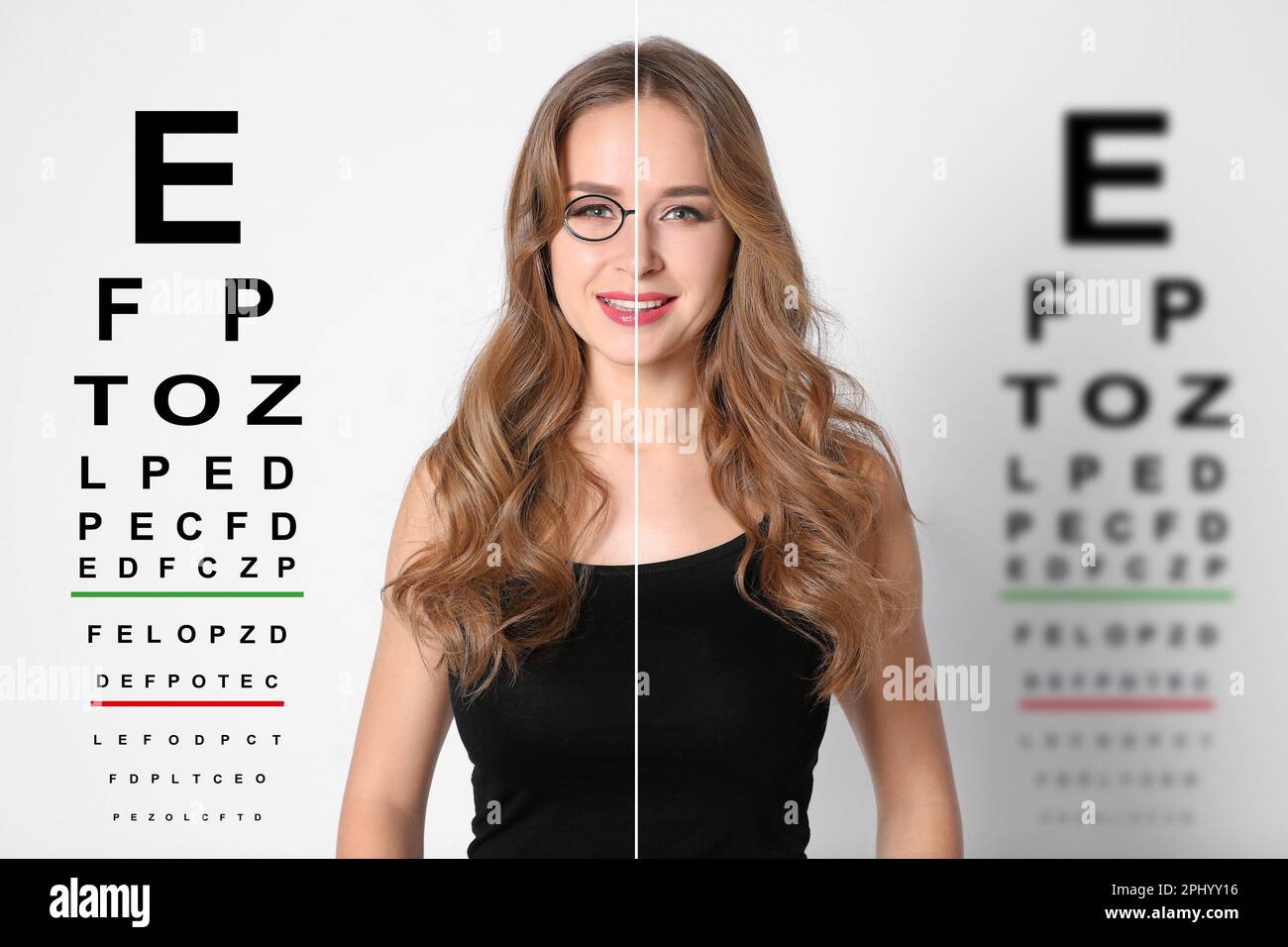 Collage with photos of woman with and without glasses and eye charts on ...