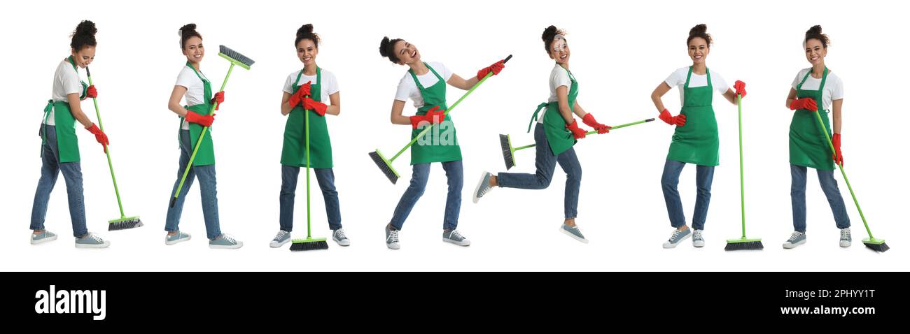 Collage with photos of beautiful African American woman with broom on ...