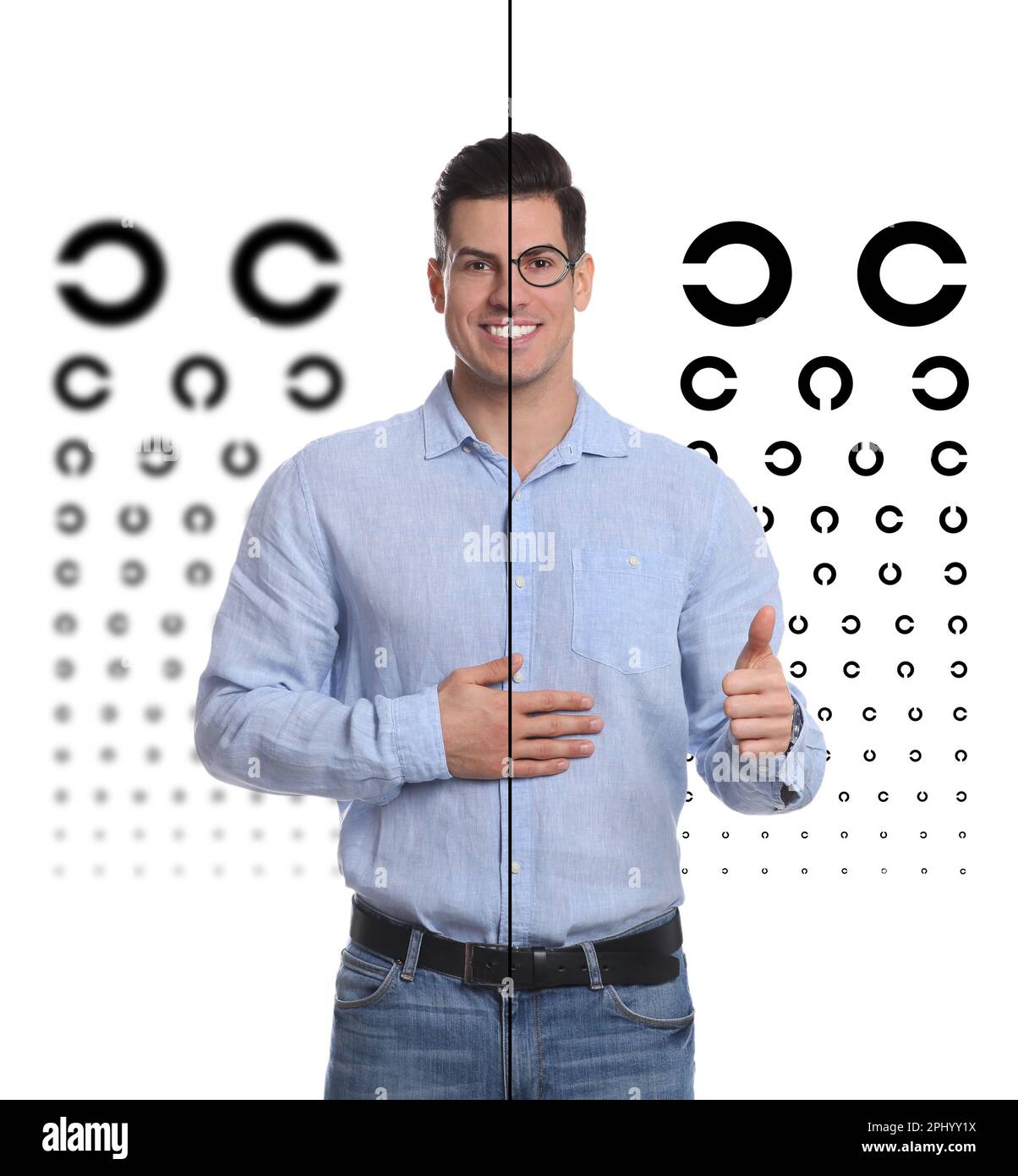 Collage with photos of man with and without glasses and eye charts on ...
