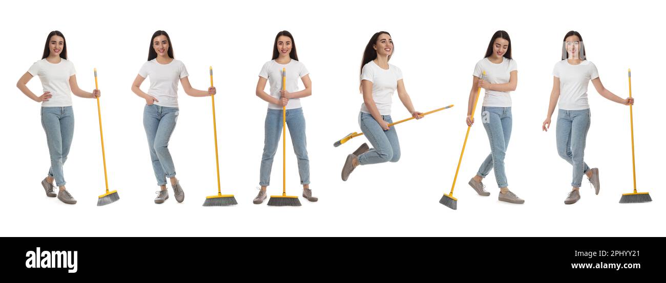Collage with photos of beautiful young woman with broom on white ...