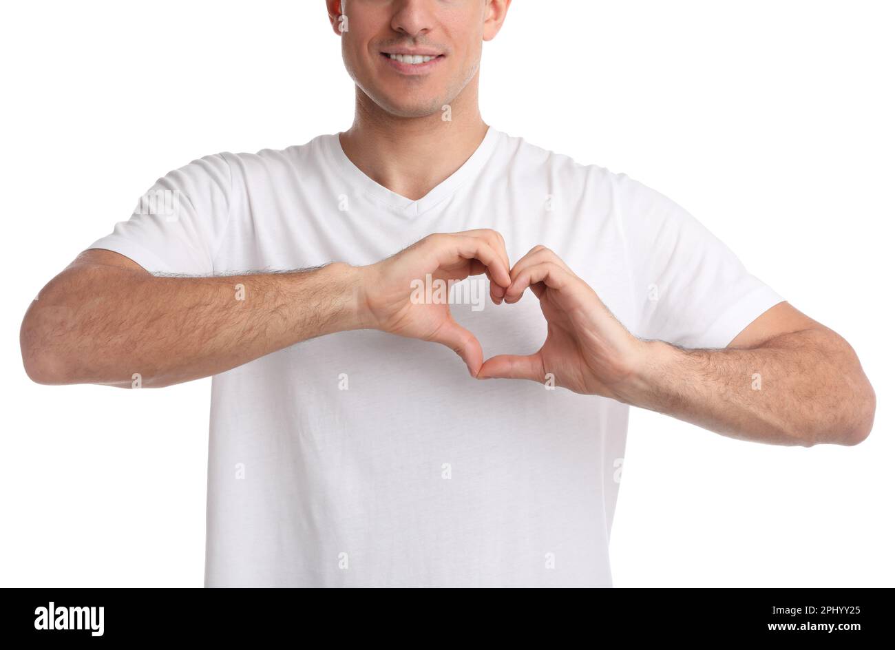 Man making heart with hands on white background, closeup Stock Photo ...