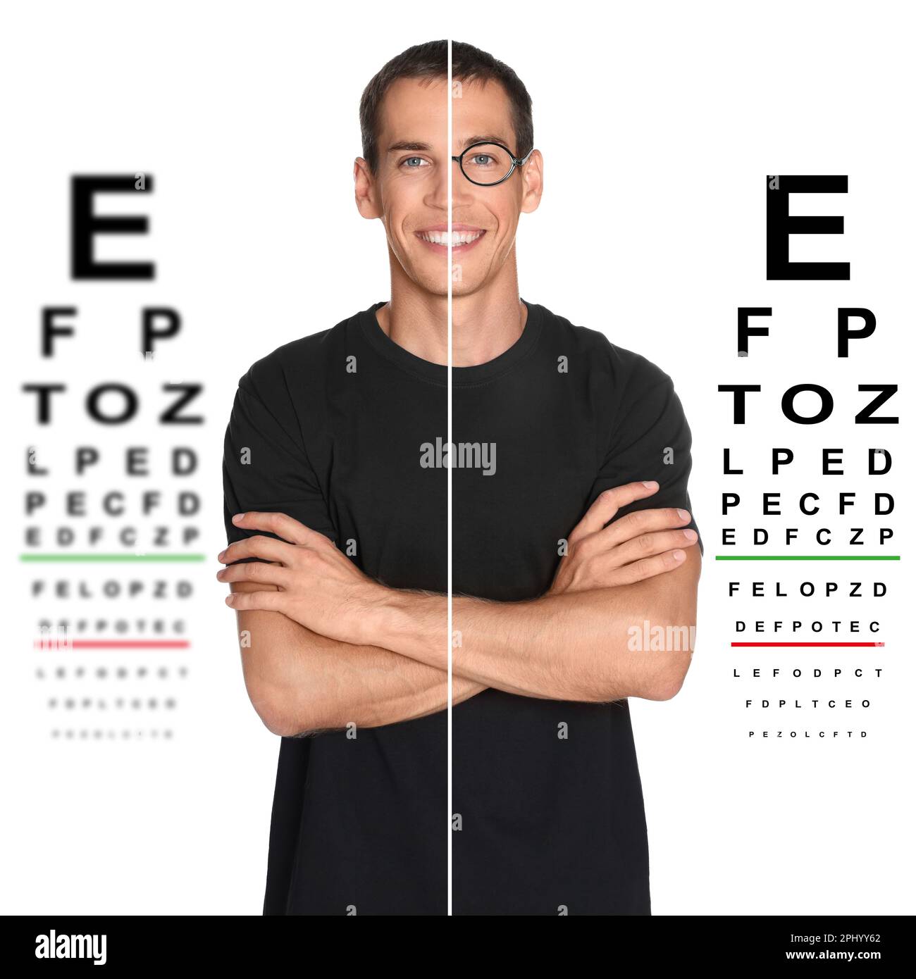 Collage with photos of man with and without glasses and eye charts on ...