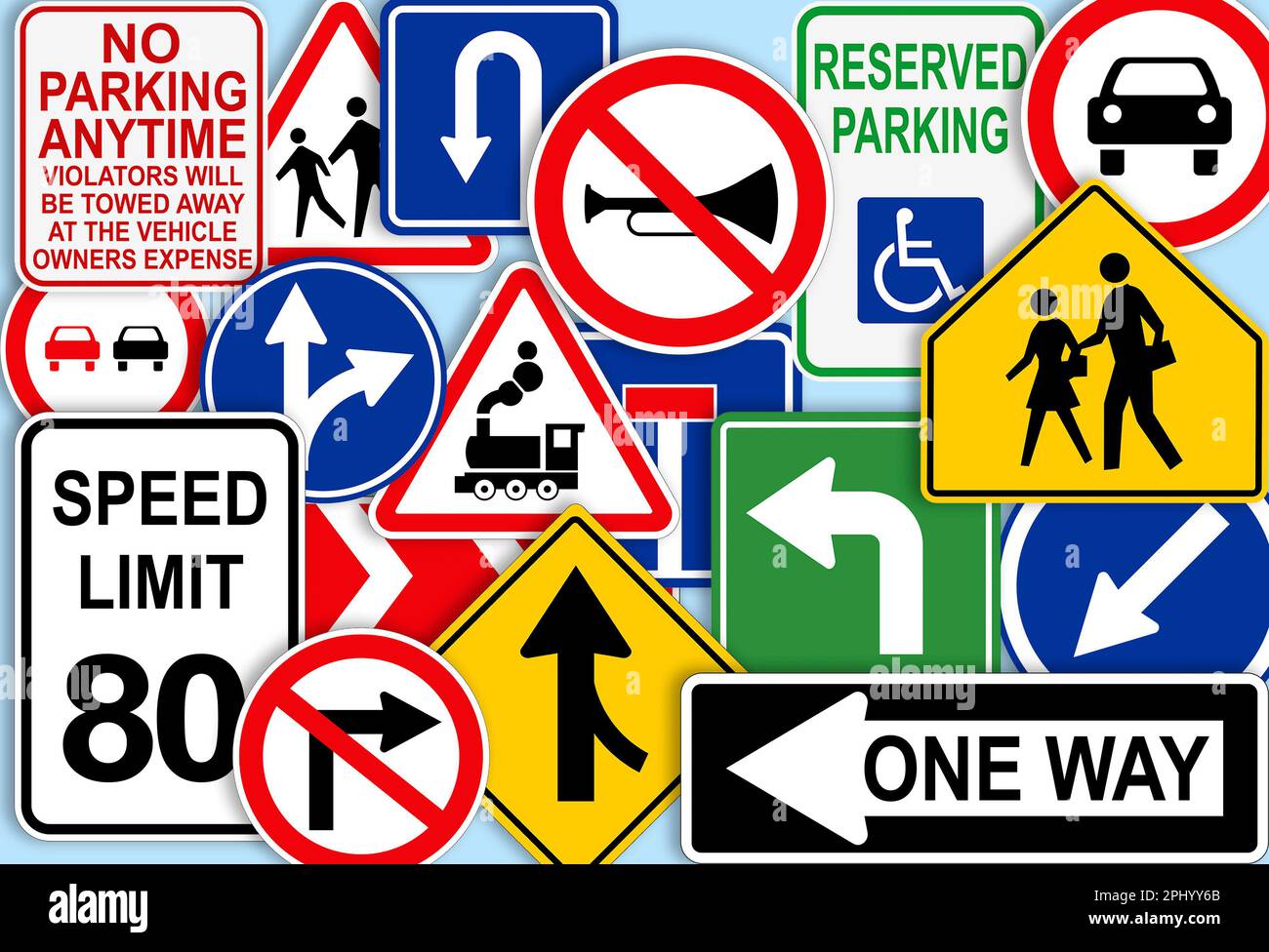 Collection of different traffic signs on turquoise background Stock ...
