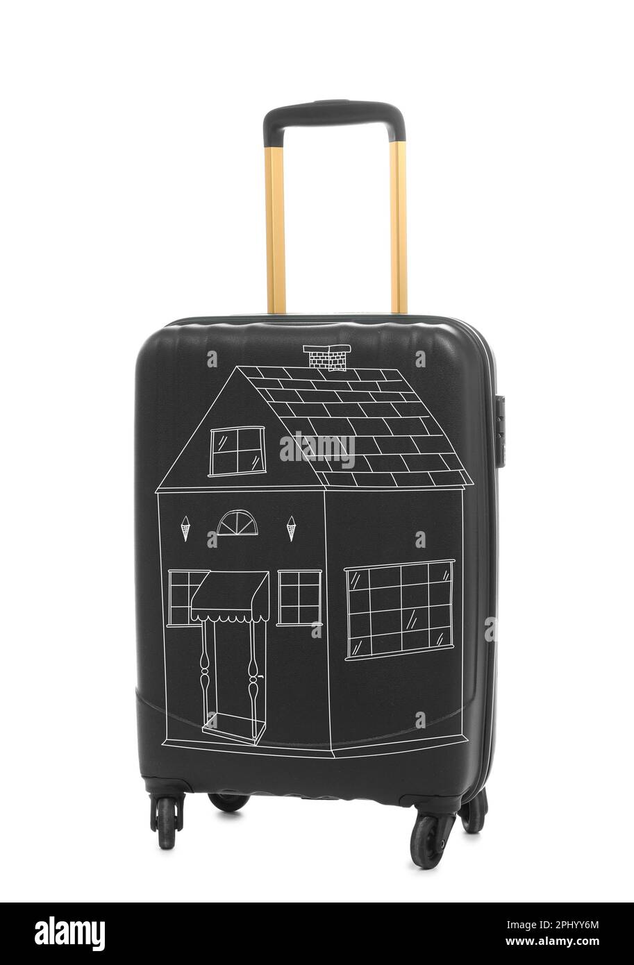 Black suitcase with drawing of house on white background. Moving ...