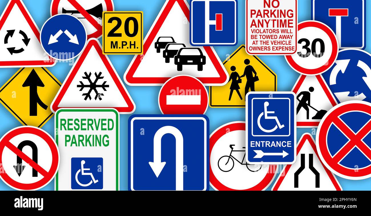 Collection of different traffic signs on turquoise background. Banner ...