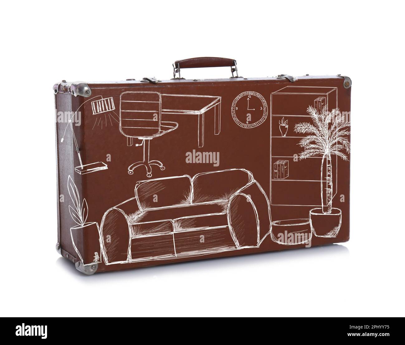 Retro brown suitcase with drawing of living room interior on white ...