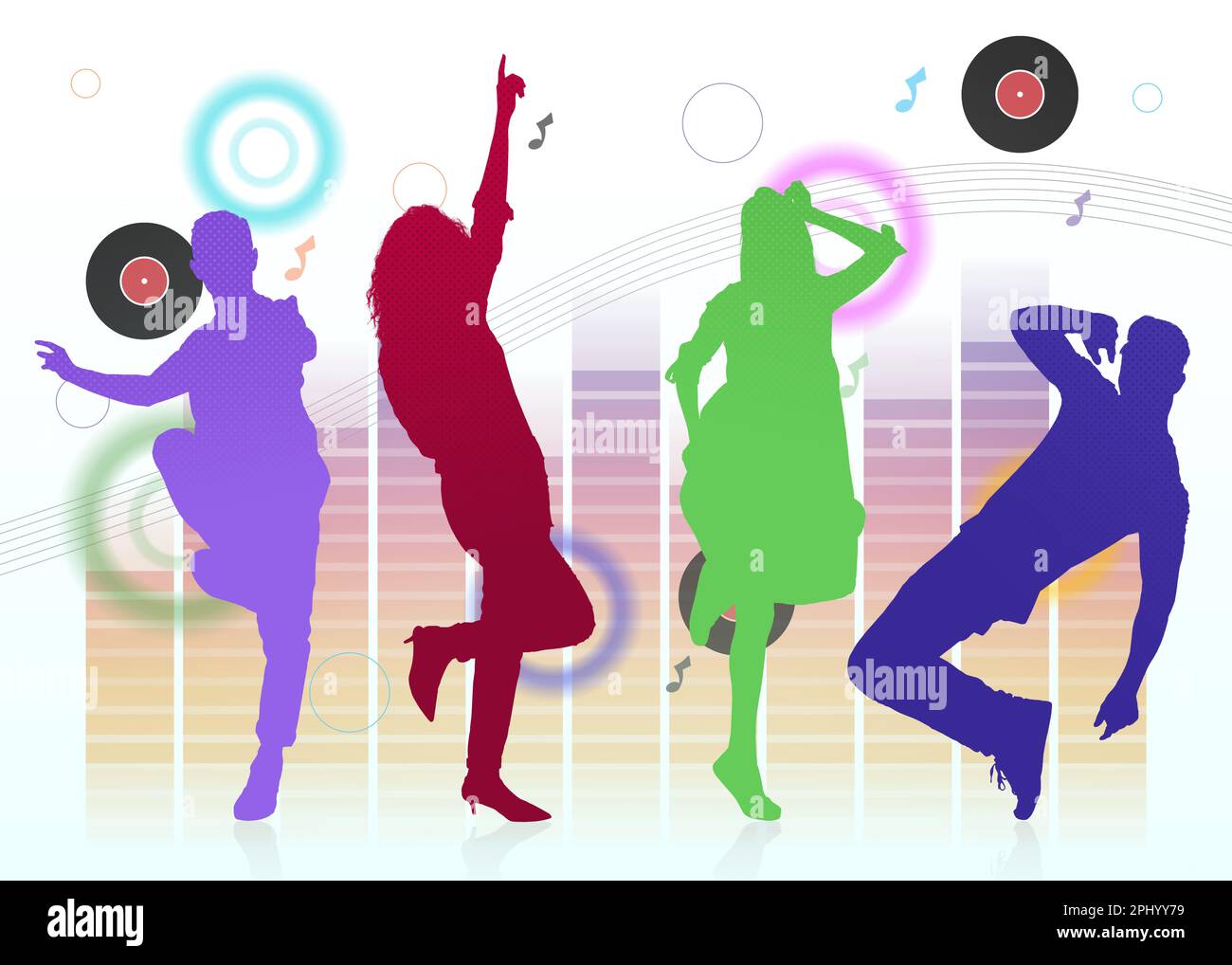 Colorful silhouettes of people dancing on white background ...
