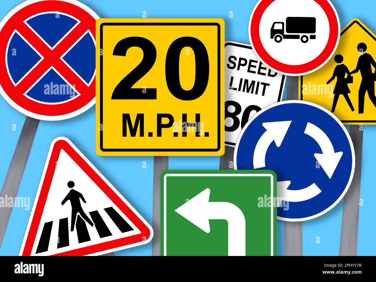 Collection of different traffic signs on turquoise background Stock ...