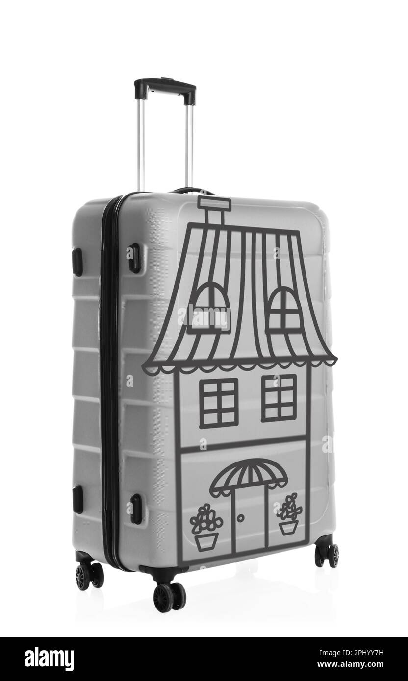Light grey suitcase with drawing of house on white background. Moving ...