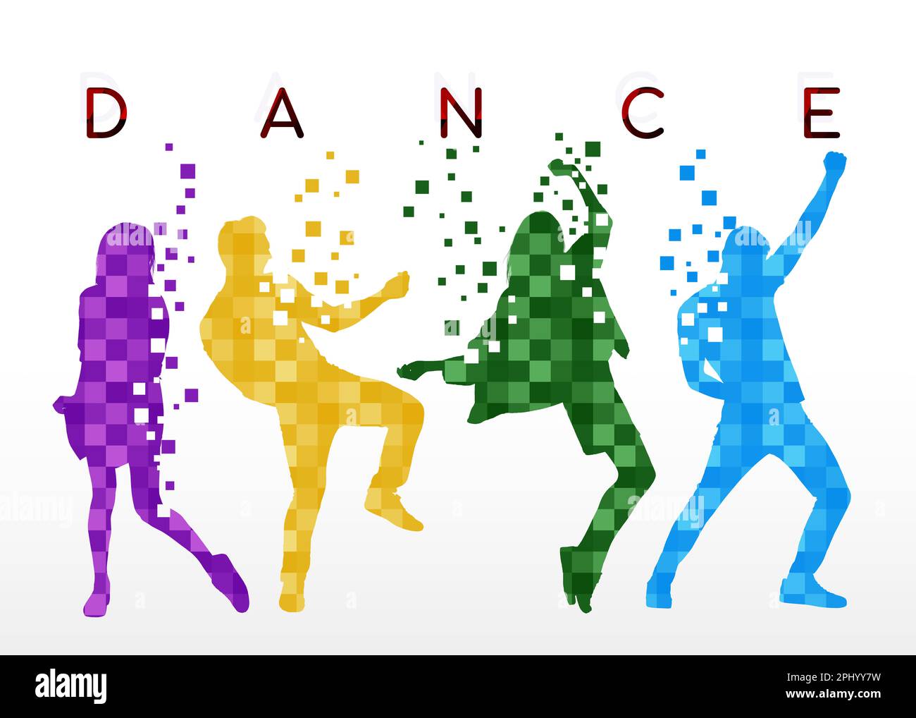 Colorful silhouettes of people dancing on white background ...