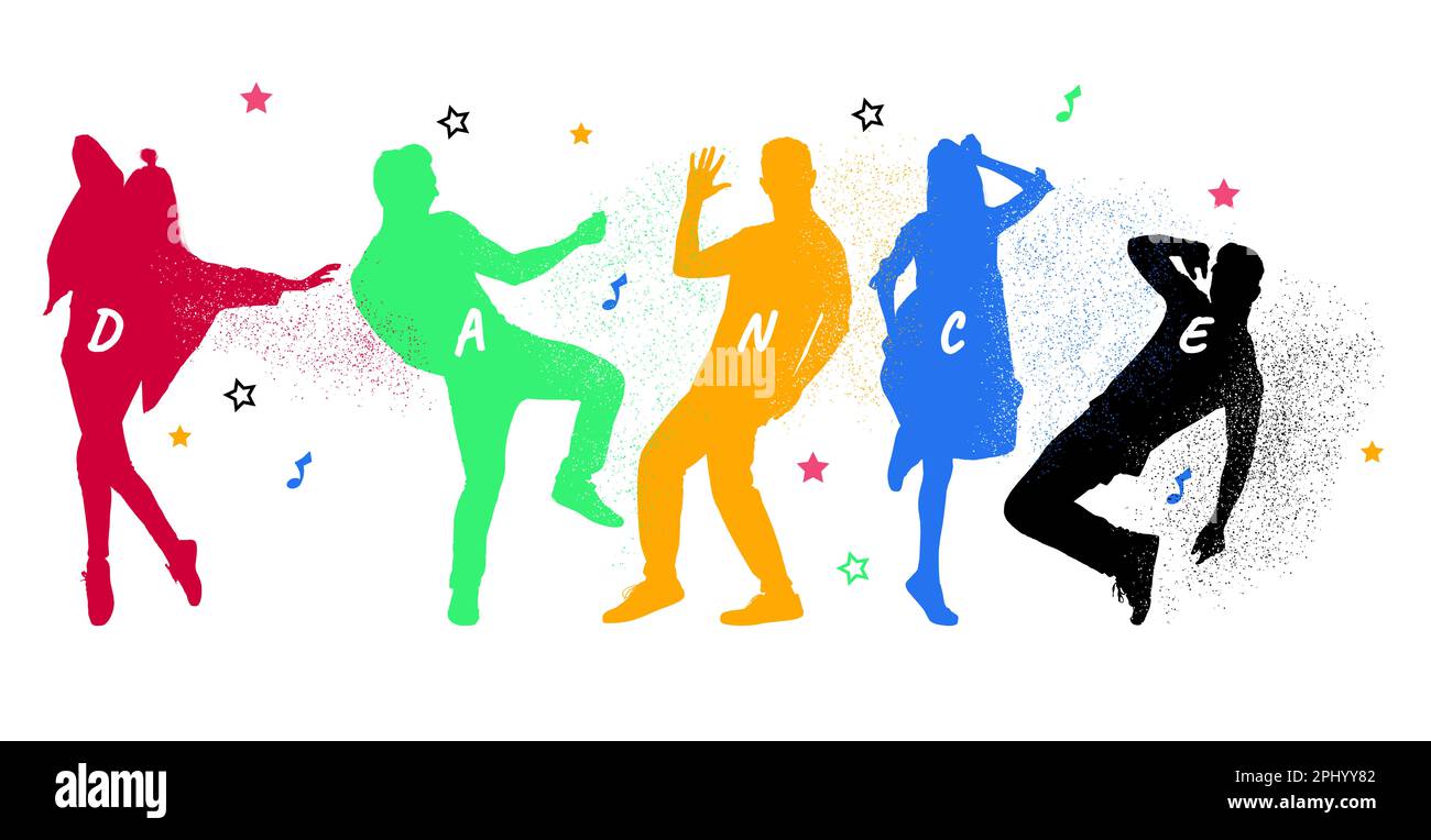 Colorful silhouettes of people dancing on white background ...