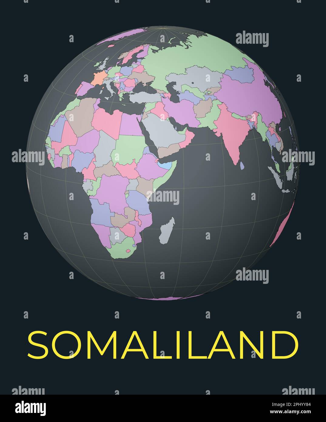 World map centered on Somaliland. Red country highlighted. Satellite ...