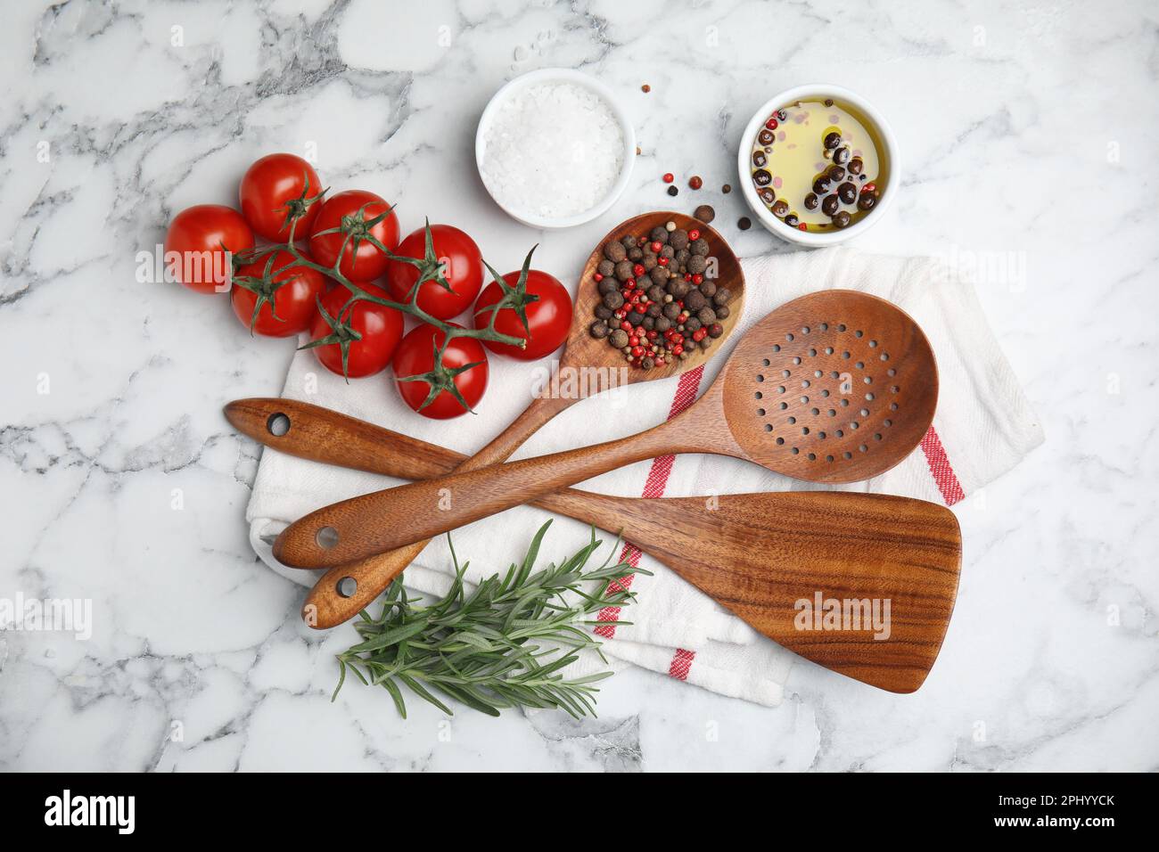 Flat lay composition with cooking utensils and fresh ingredients on ...