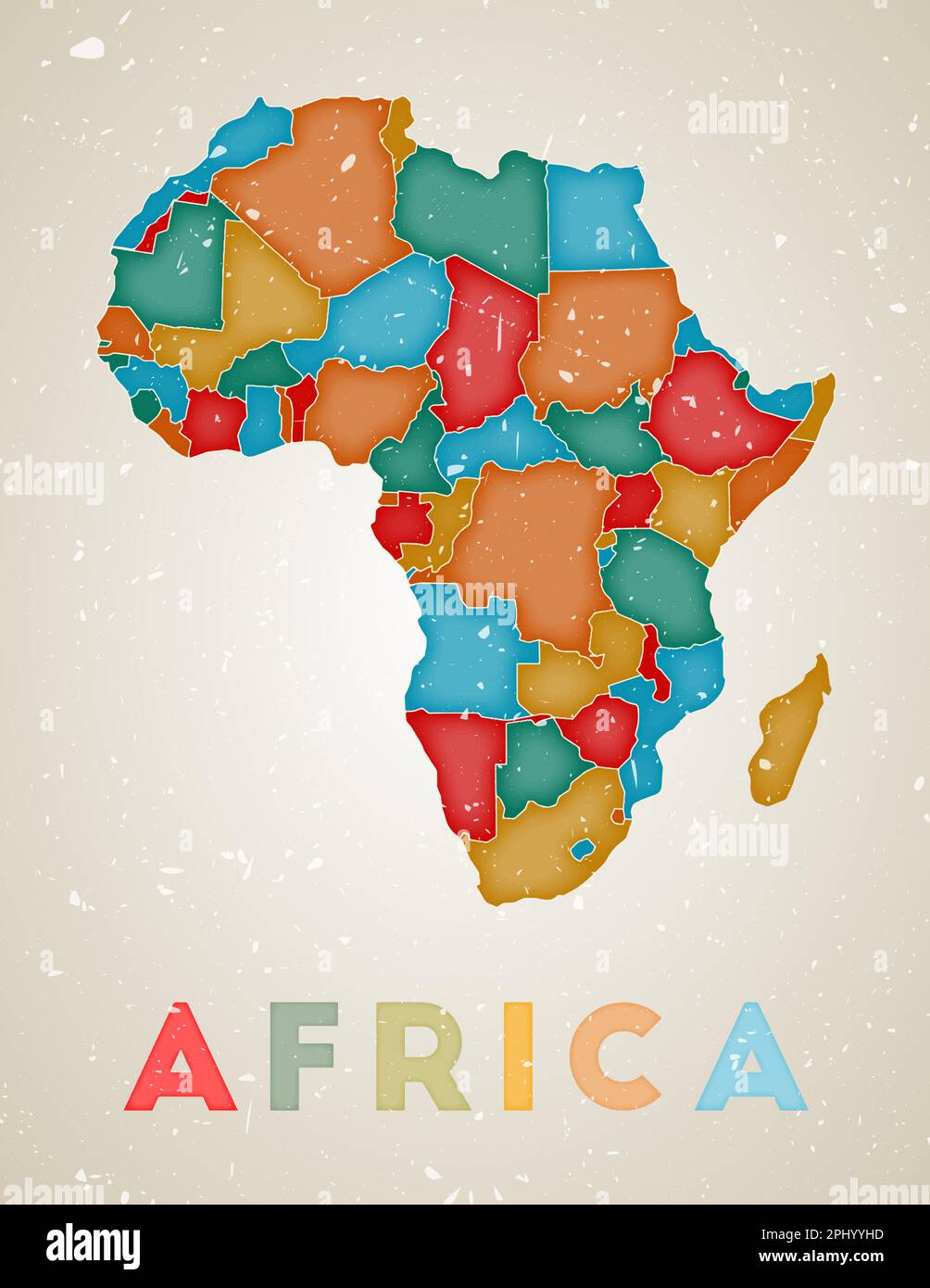 Africa map. Continent poster with colored regions. Old grunge texture ...