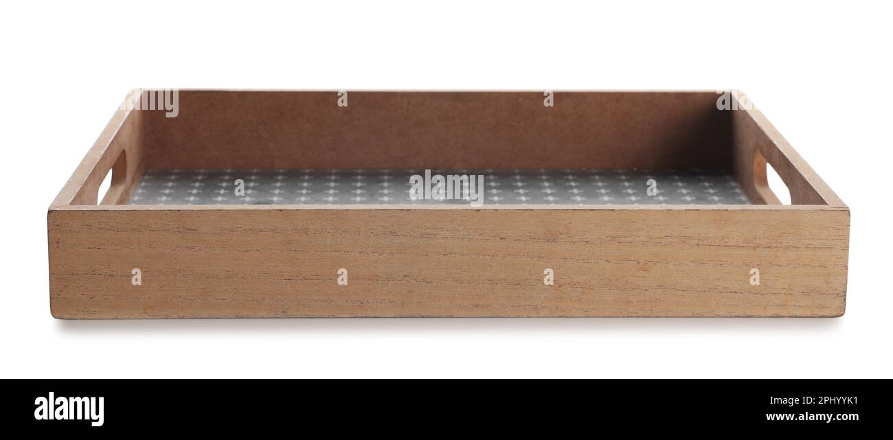 One empty wooden tray isolated on white Stock Photo - Alamy