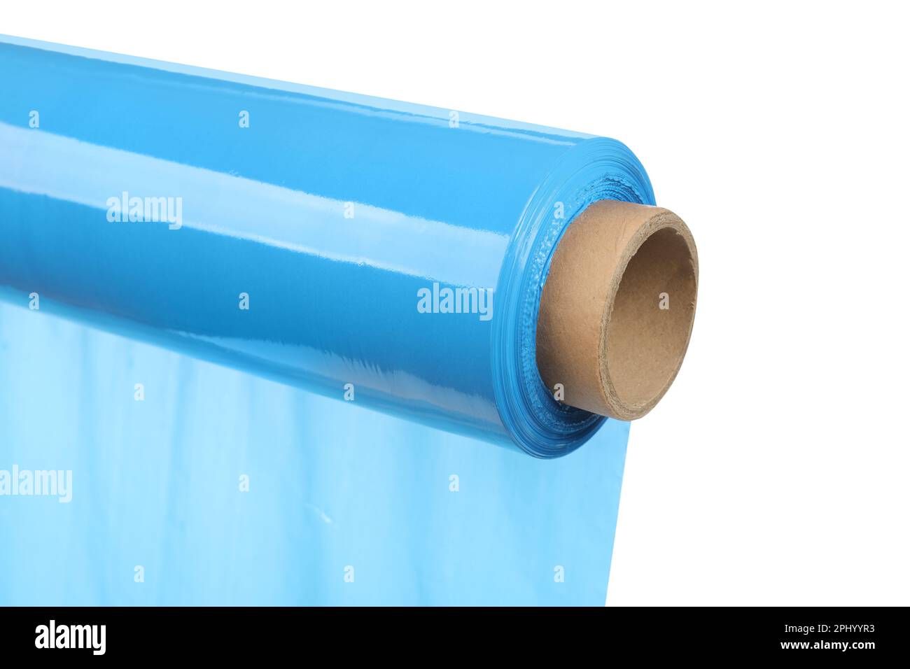 Roll of light blue stretch wrap isolated on white, closeup Stock Photo ...