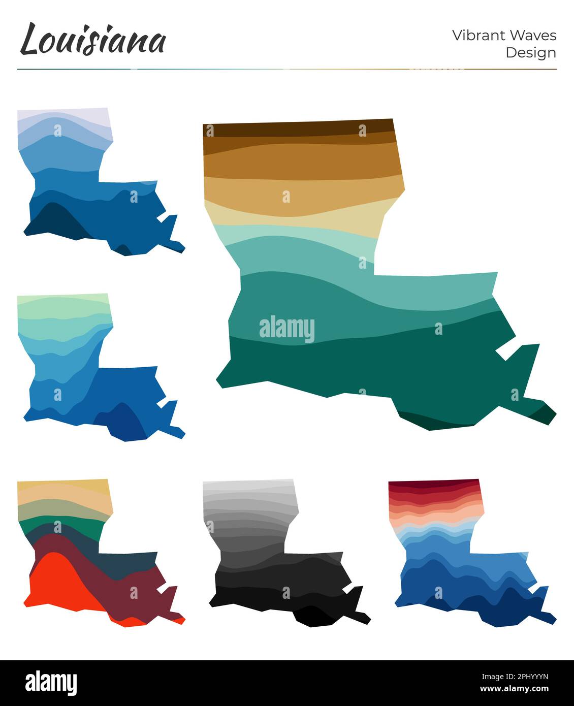 Set of vector maps of Louisiana. Vibrant waves design. Bright map of US state in geometric ...