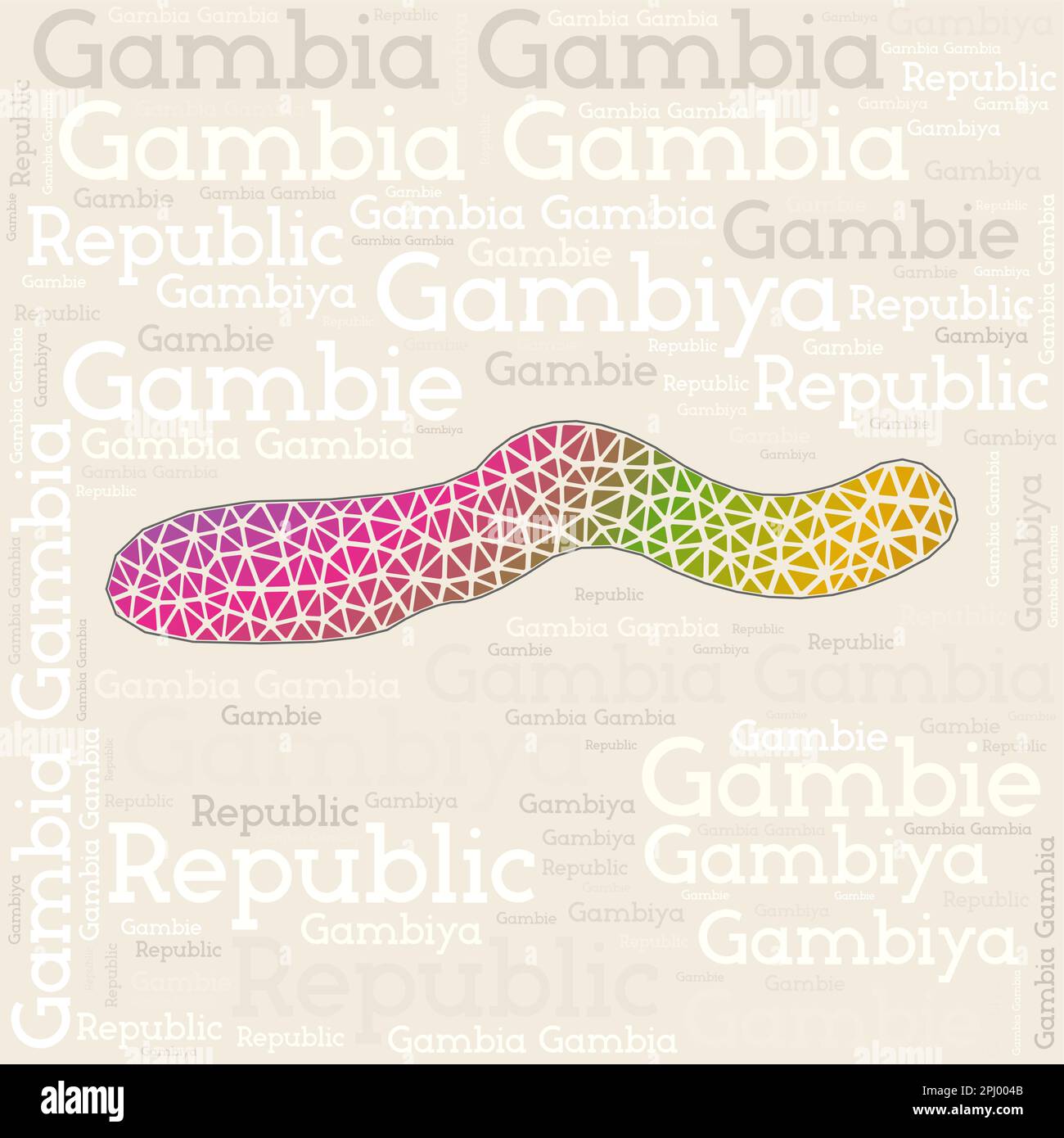 Gambia map design. Country names in different languages and map shape with geometric low poly ...
