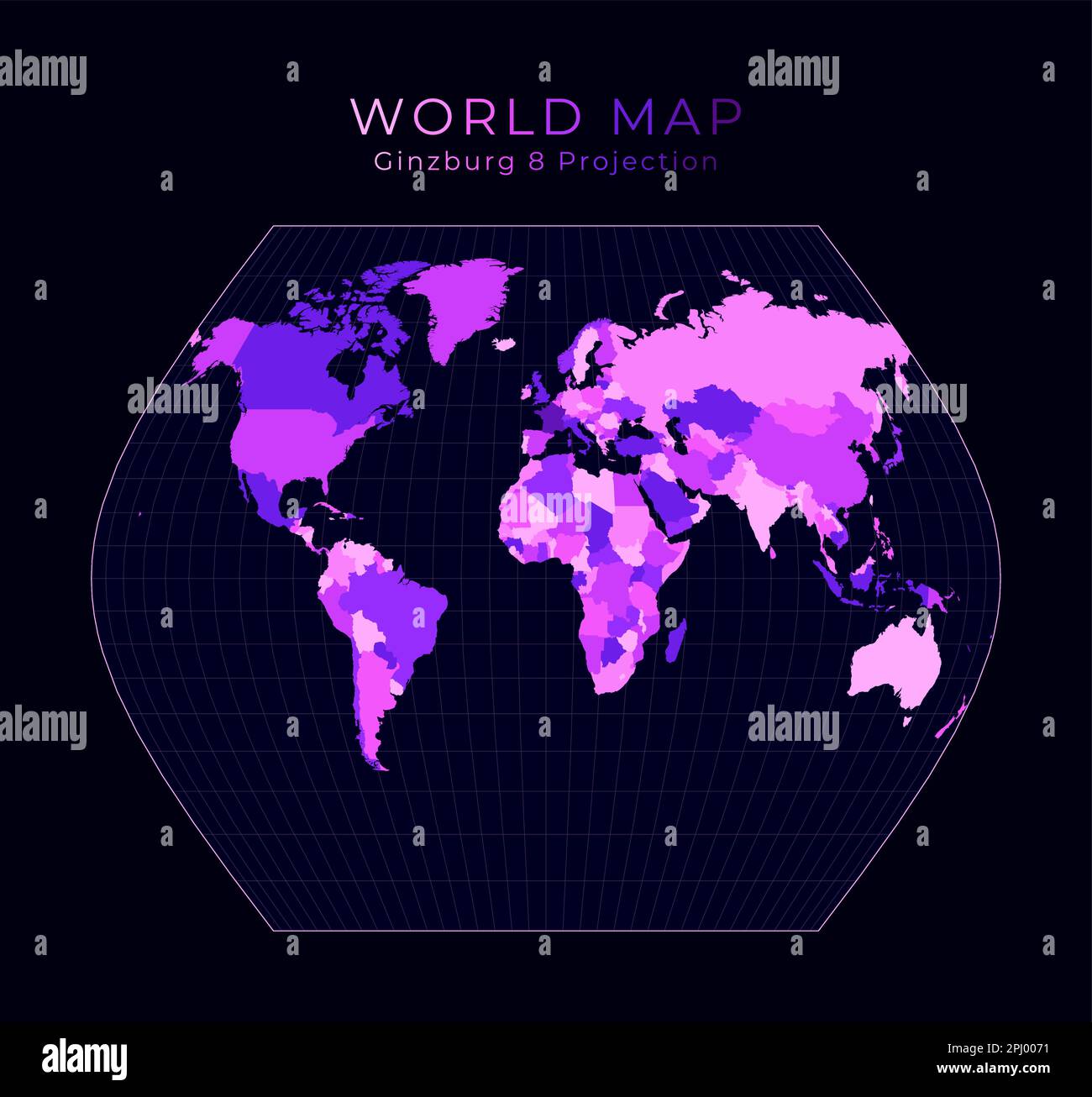 World Map. Ginzburg VIII projection. Digital world illustration. Bright ...