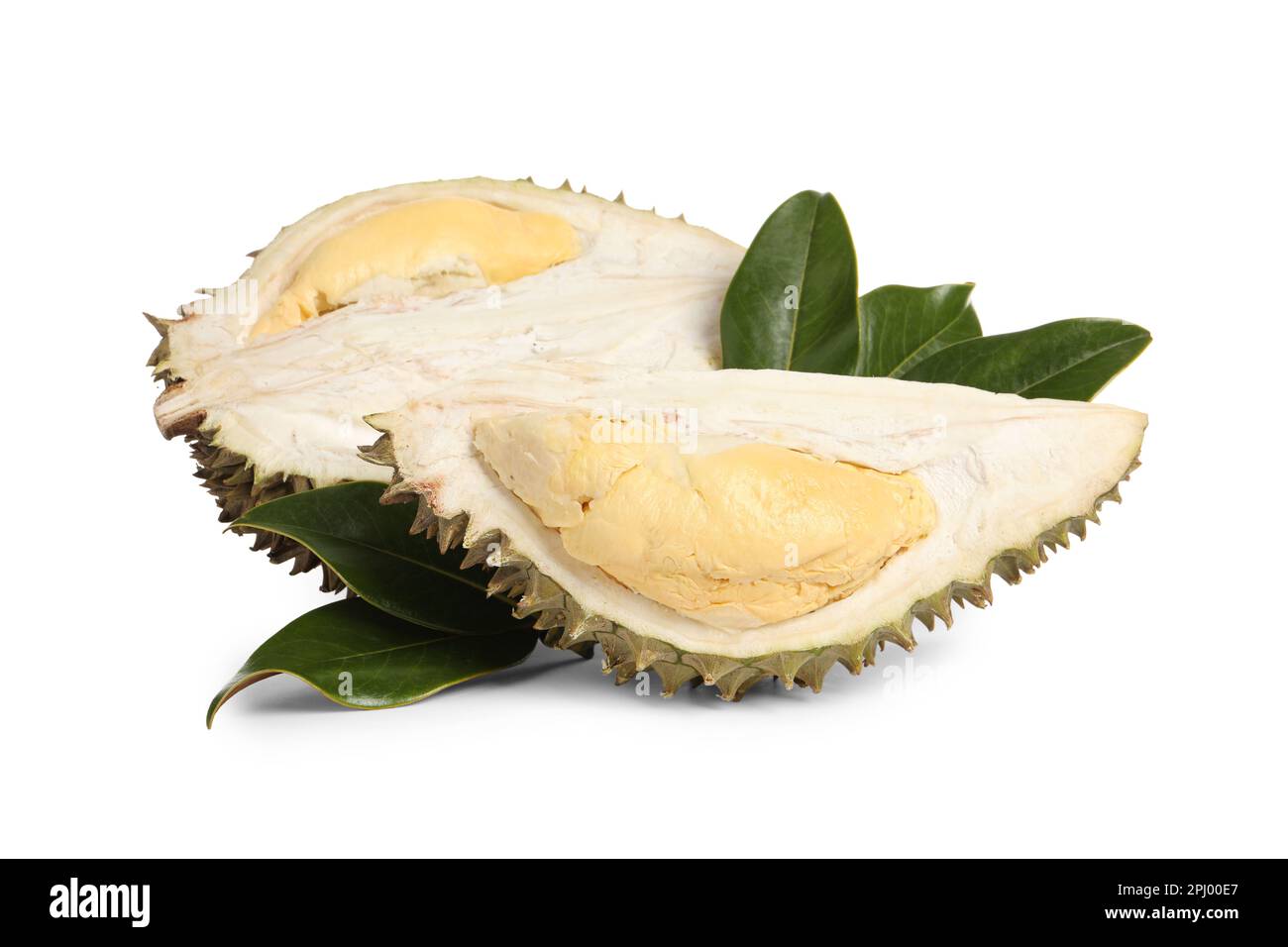 Cut ripe durian with green leaves on white background Stock Photo - Alamy