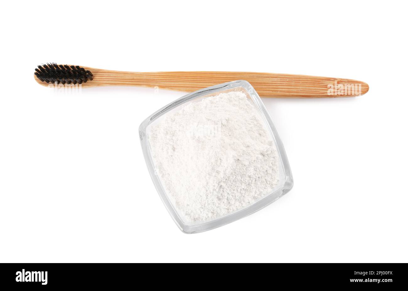 Bowl of tooth powder and brush on white background, top view Stock ...