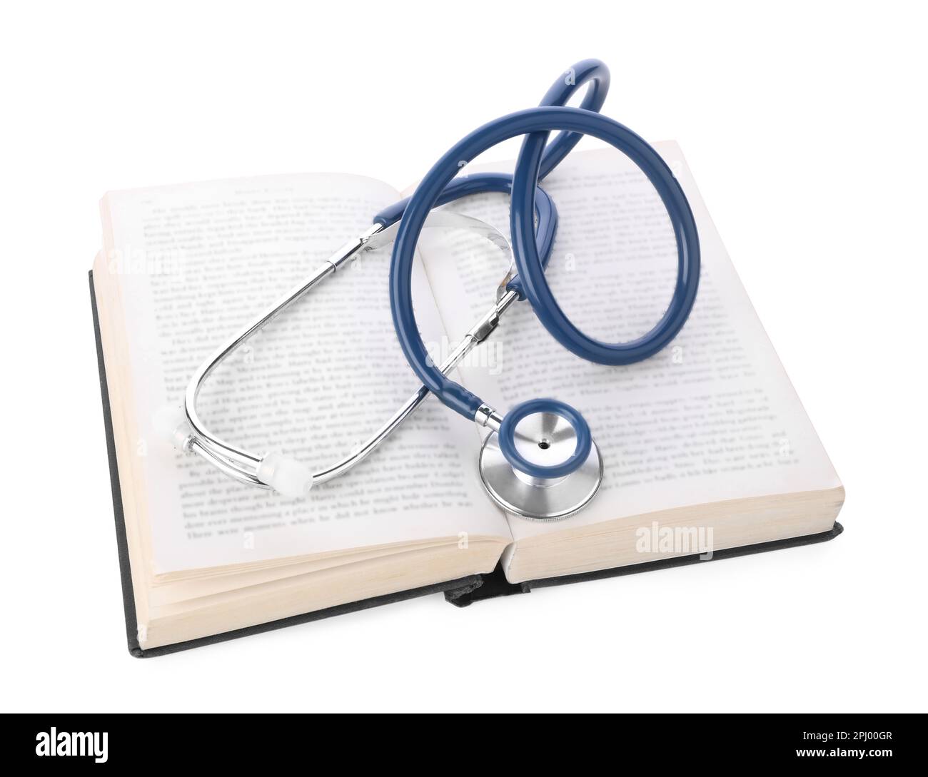 Open student textbook and stethoscope on white background. Medical ...