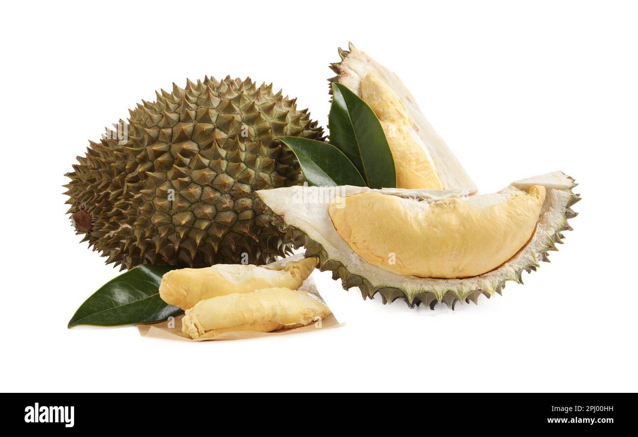 Cut and whole ripe durians on white background Stock Photo - Alamy