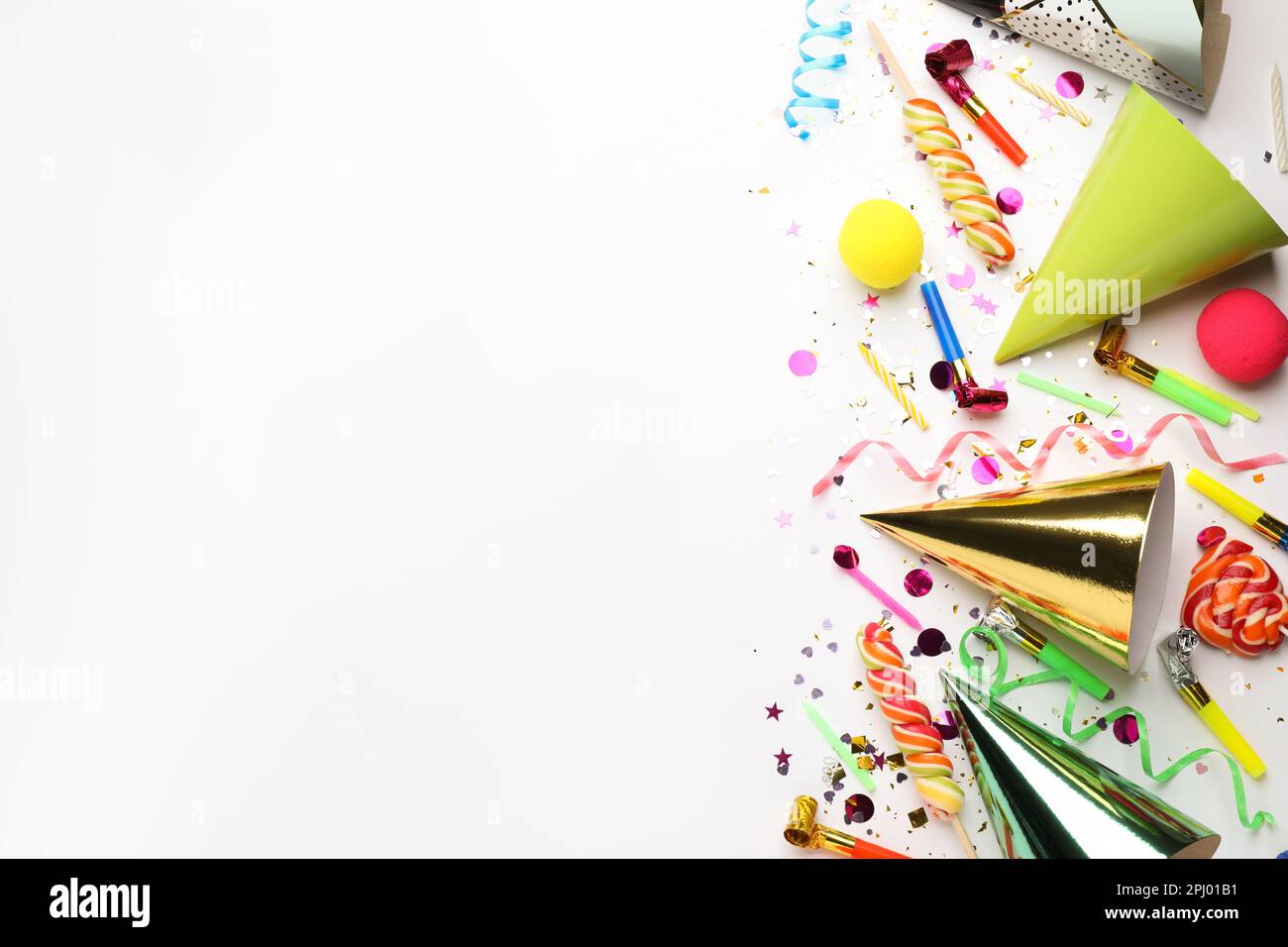 Beautiful flat lay composition with festive items on white background ...