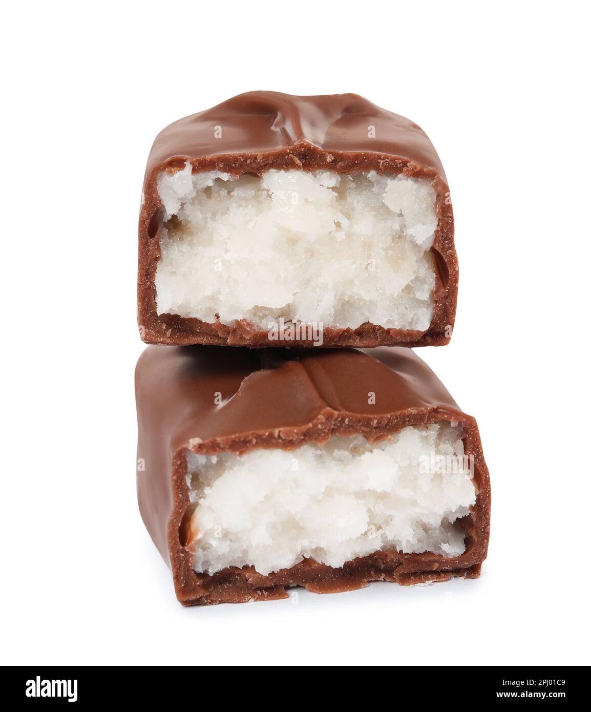 Halves of delicious milk chocolate candy bar with coconut filling on ...
