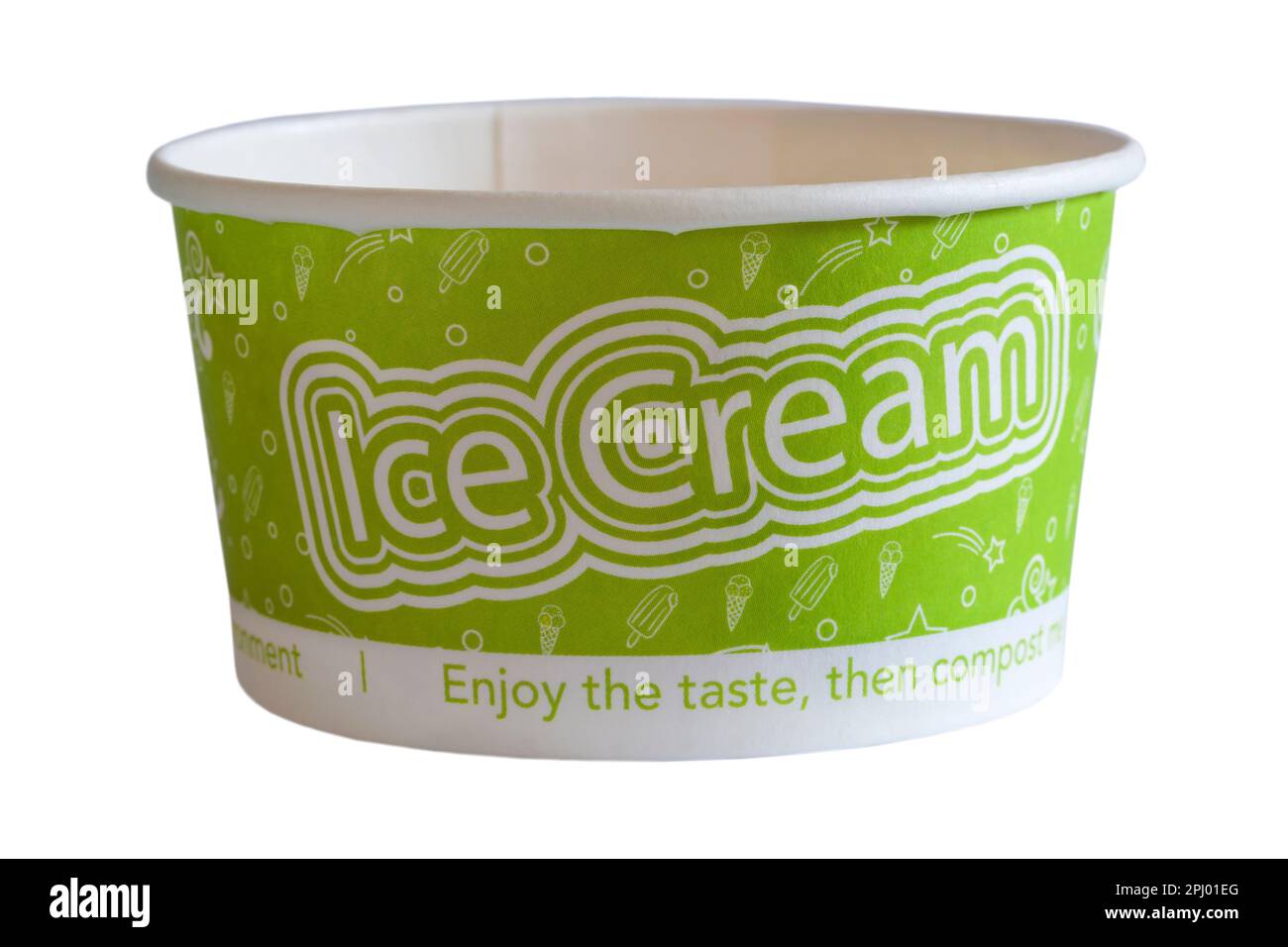 Ice Cream carton enjoy the taste then compost me isolated on white ...