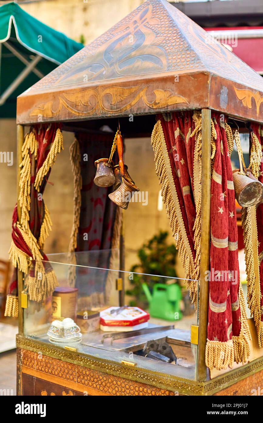 A traditional street kiosk in Turkey selling coffee brewed in cezve on ...