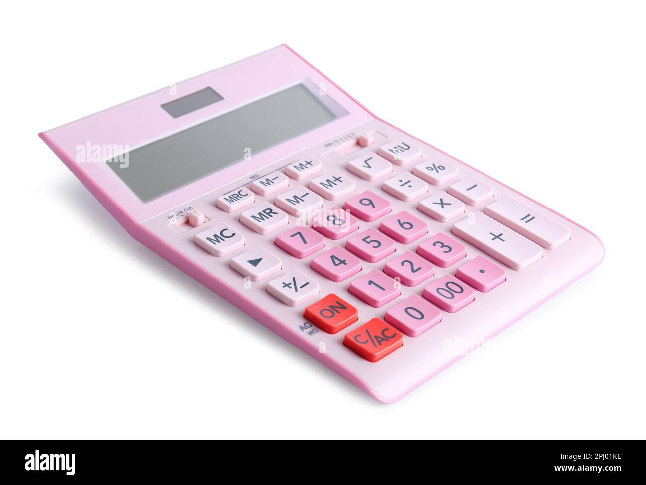 Pink calculator on white background. School stationery Stock Photo - Alamy