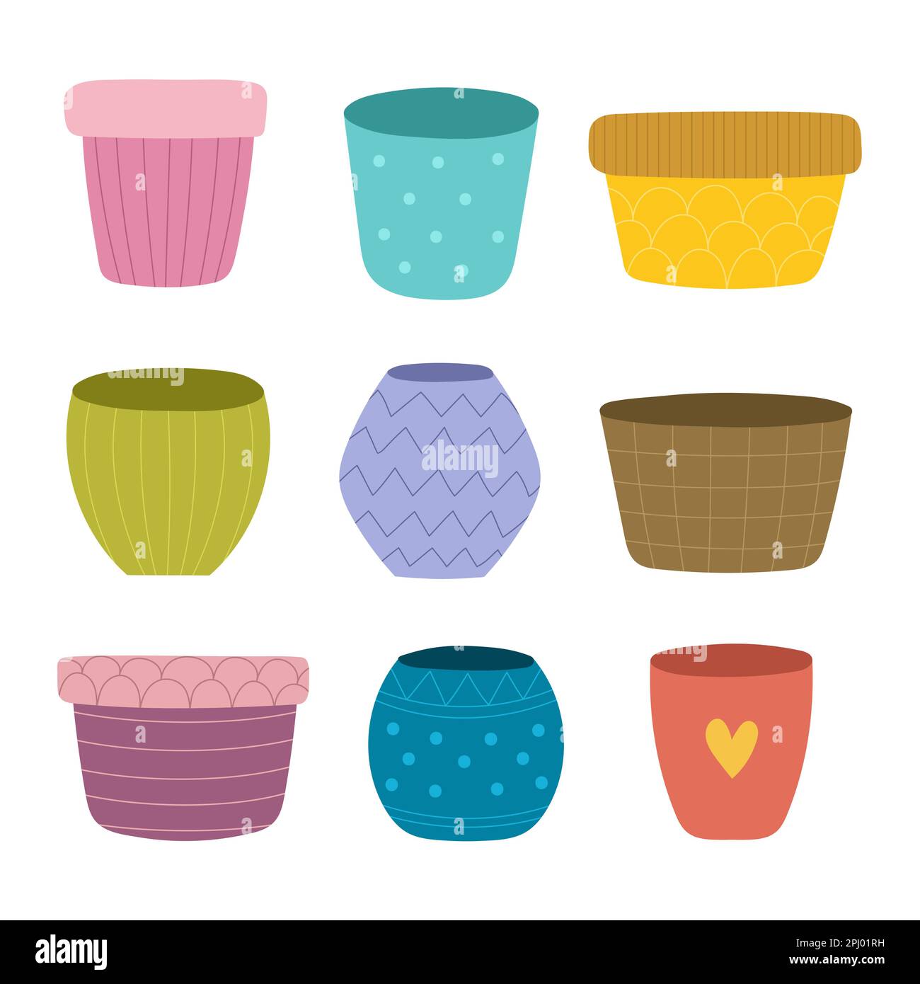 Doodle flower pots set. Colorful plant pots collection in cartoon style ...