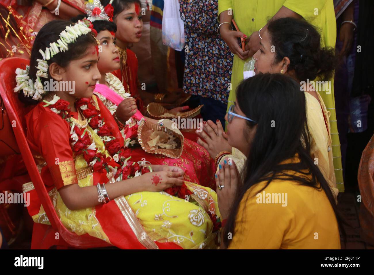 March 30, 2023, Kolkata, West Bengal, India: Hindu girls sit together ...