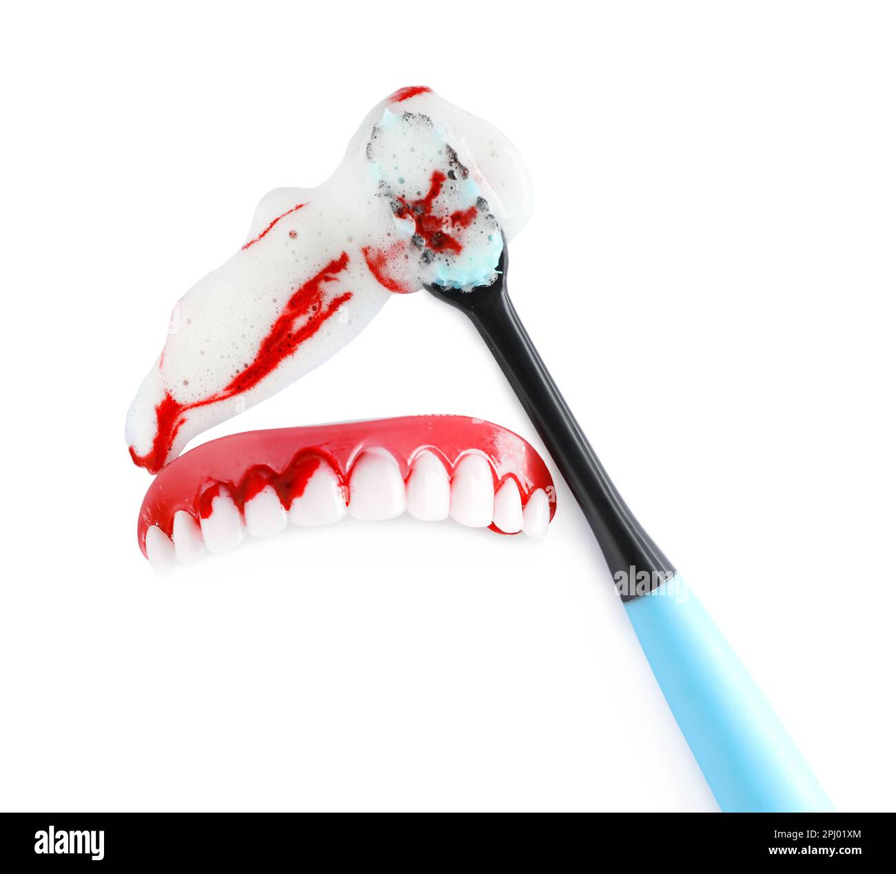 Teeth cover and brush with blood on white background, top view. Gum ...