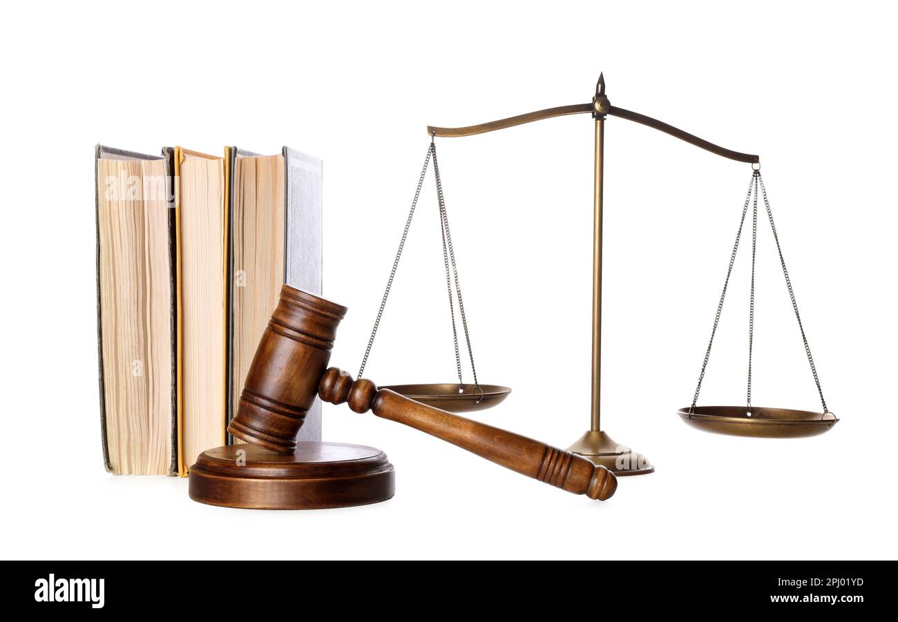 Wooden gavel, books and scales of justice on white background Stock ...
