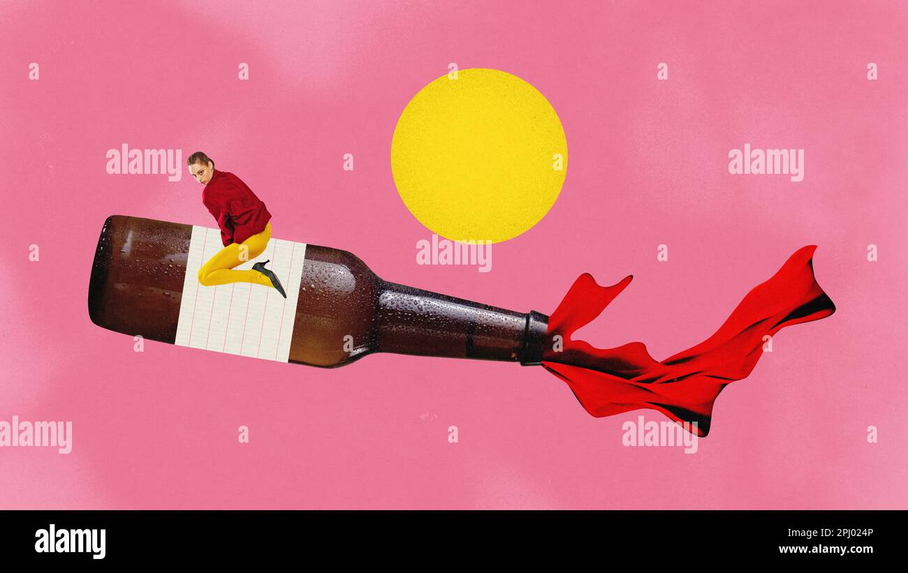 Art collage with one young woman wearing crazy clothes flying on bottle ...