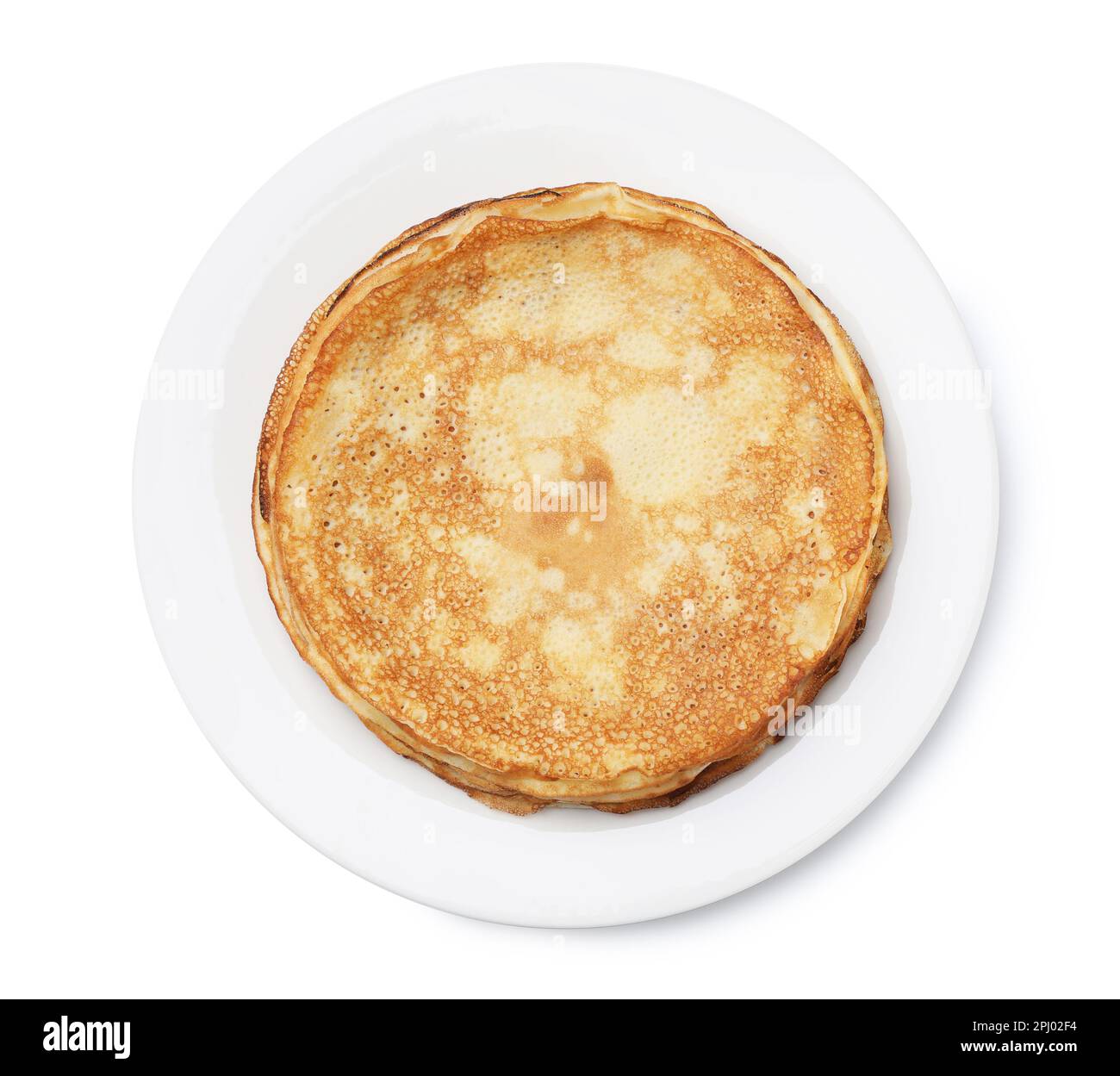 Stack of delicious crepes on plate against white background, top view ...