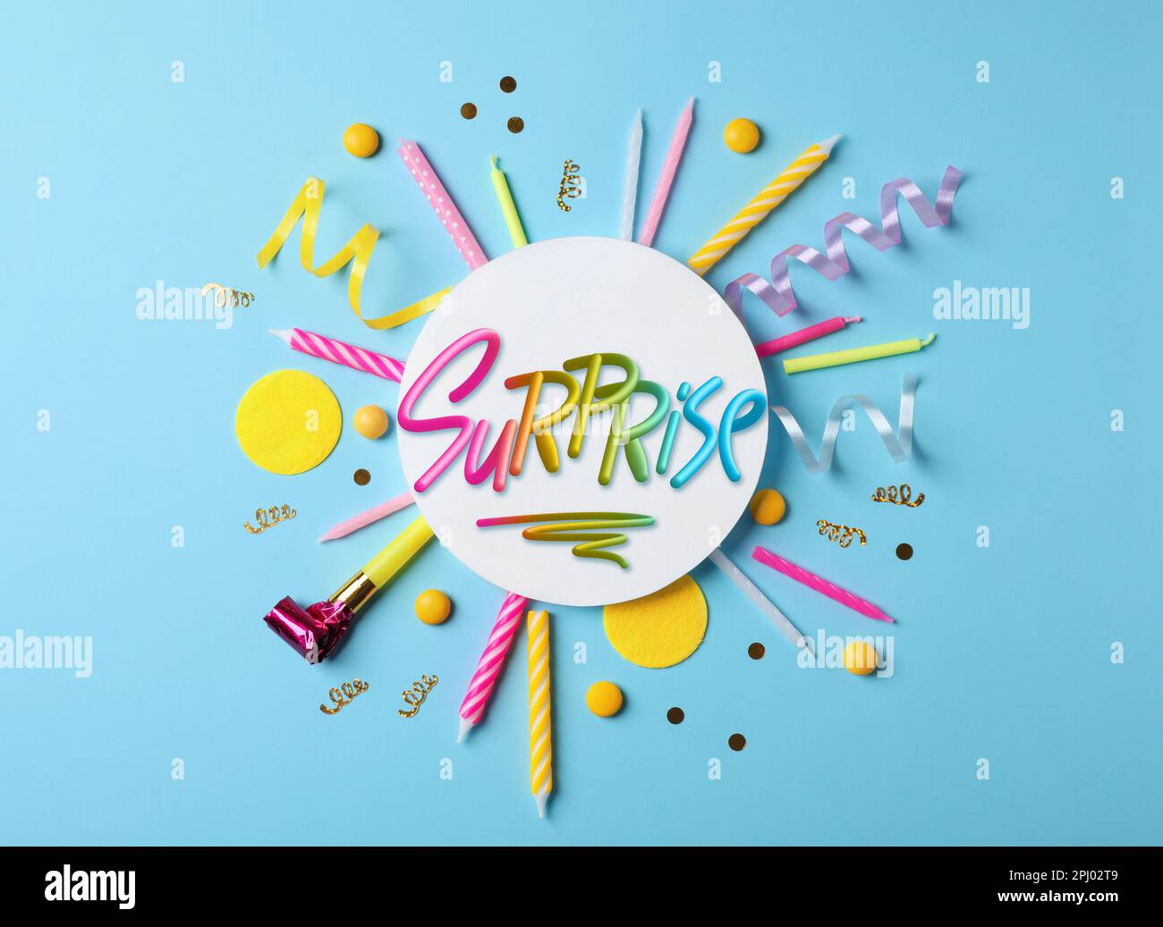 Flat lay composition with different items for surprise party on light ...